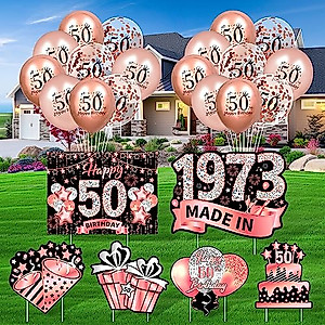 Rose Gold 50th Birthday Decorations for Women 6Pcs 50th Birthday Yard Signs Made in 1973 Lawn Sign & 18Pcs Rose Gold 50th Birthday Balloons for 50 Years Old Party Anniversary Outdoor Decor Supplies