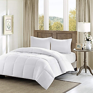 Madison Park Cotton Comforter, 300 Thread Count Cotton Comforter, Box Quilting, Soft, Breathable, Lightweight All Seasons Down Alternative Bedding with Corner Loops, Winfield, King/Cal King, White
