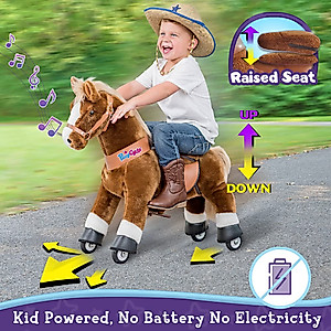 PonyCycle Official Ride-On Horse No Battery No Electricity Mechanical Pony Brown with White Hoof Giddy up Pony Plush Walking Animal Size 4 for Age 4-8 Years - Ux424