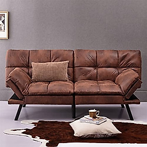 Futon Sofa Bed,Faux Leather Memory Foam Couch,Modern Convertible Loveseat Folding Sleeper Sofa with Adjustable Armrest and Backrest,Sofa Daybed Folding Recliner for Apartment Dorm Living Room,Brown