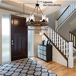 Rustic 6 Light Wagon Wheel Chandelier, Round Wood Pendant Light with Seeded Glass Shade, Farmhouse Chandeliers for Dining Room Kitchen Island Foyer Entryway