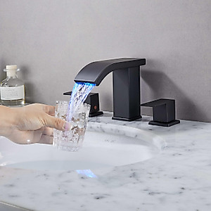Skybathjoy LED Bathroom Faucet 3 Hole, Black Waterfall Bathroom Faucets, 8 Inch Widespread Modern Bathroom Sink Faucet & Parts, Wide Spread Touch On Three Hole 2 Handle Bathroom Vanity Faucet
