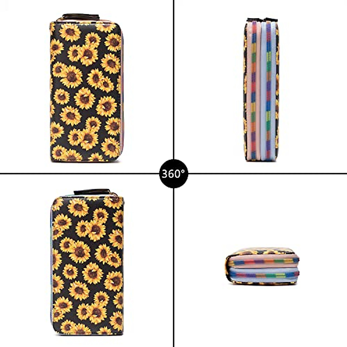 Ecohaso Sunflower Wallets for Women, Girls Wallets Cute Sunflower Pattern, Double Zipper Long Leather Wristlet Clutch Purses with Multiple Card Slots and Removable Wrist Strap for Girls (Sunflower)