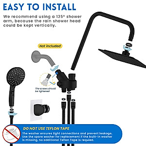 Ryamen Dual Shower Head Combo, Black 8'' High Pressure Rain/Rainfall Shower Head,5 Settings Adjustable Handheld Showers,with 15" Height Adjustable Slide Bar,Holder/59’‘ Hose