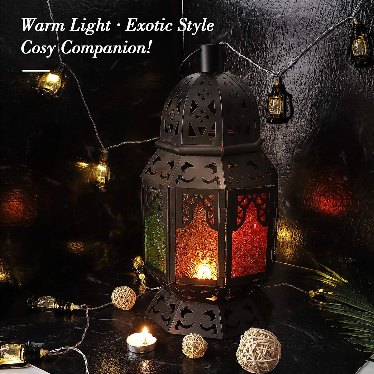 Lewondr Retro Iron Ramadan Candle Lantern, 10.2 Inch Portable Moroccan Wrought Iron Stained Glass Decorative Lantern Candle Holder Hanging Lamp Wind Lantern for Home Decor, Small – Black + Colorful