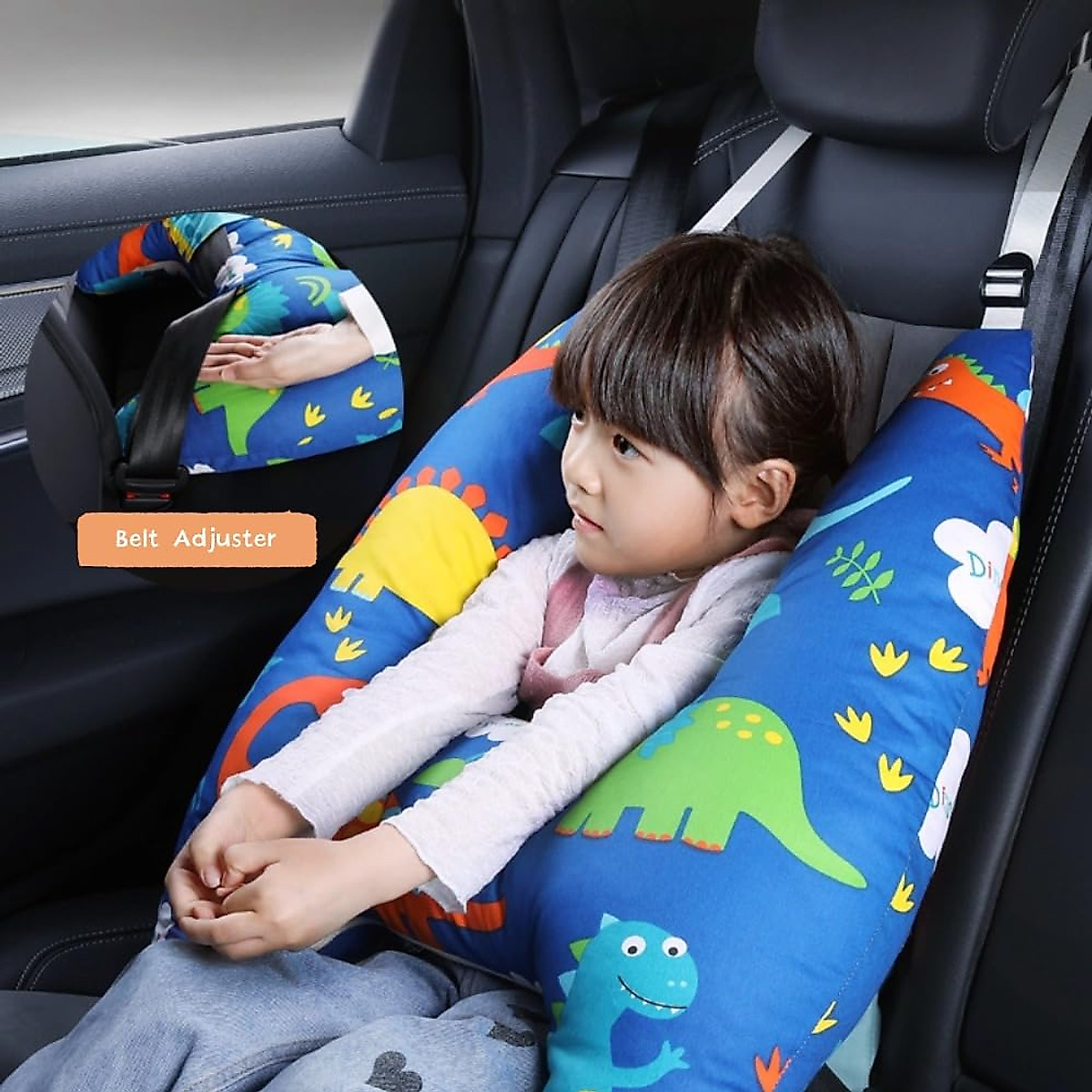 Travel Pillow Car Pillow for Kids 6 Years Old+ Kid Car Sleeping for The Back Seat of Car Seat Belt Adjuster Neck Shoulder Support on Road Trips Cartoon Anime Gift Ideas(Dinosaur)