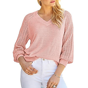 Dokotoo Plus Size Cute Sweaters for Women Fashion 2023 Winter Fall V Neck Sweater Long Sleeve Solid Hollow Out Plain Casual Loose Oversized Chunky Knit Pullover Sweaters Jumper Tops Pink X-Large