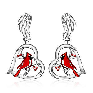 Cardinal Earrings for Women Sterling Silver Cardinal Appear When Angels Are Near Heart Red Bird Jewelry Dangle Memorial Gifts Angel Wing Studs