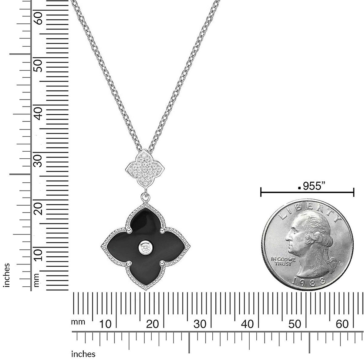 Black Onyx and Cubic Zirconia Double Flower Pendant Necklace for Women in 925 Sterling Silver 16 to 18 Inches Adjustable Spring Ring by Lavari Jewelers