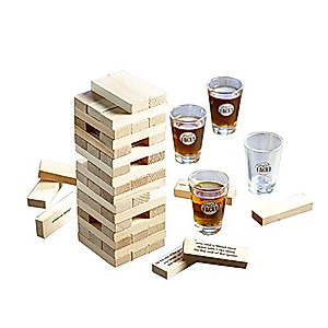 Game Night Tipsy Tower Drinking Game Adult Party Game Set with 54 Stacking Wooden Blocks & 4 Durable Lead-Free Shot Glasses Great Gift Idea for 21st Birthday,Brown,10 in x 9 in x 3 in