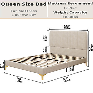 LIKIMIO Upholstered Bed Frame Queen, Velvet Bed Frame Queen Size Bed Frame with Headboard, Boho Bedframe Mattress Foundation, No Box Spring Needed, Beige