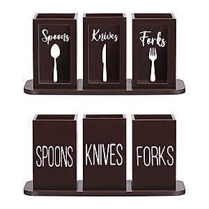 Gejoy Clear Acrylic Silverware Cutlery Caddy Utensil Holder with Wood Tray Spoon Fork Knives Flatware Dispenser for Kitchen Table Countertop Silverware Storage Organizer(Brown)
