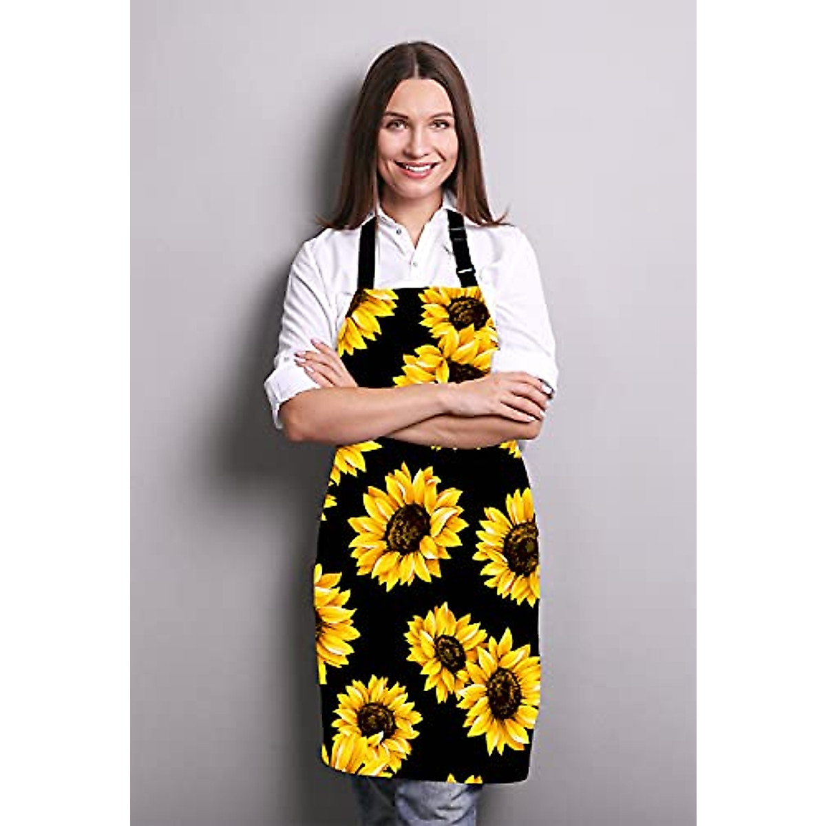 Lefolen Sunflowers Black Tropical Flower Daisy Adjustable Bib Apron, Cute Floral Sunflower Cooking Kitchen Apron for Men Women