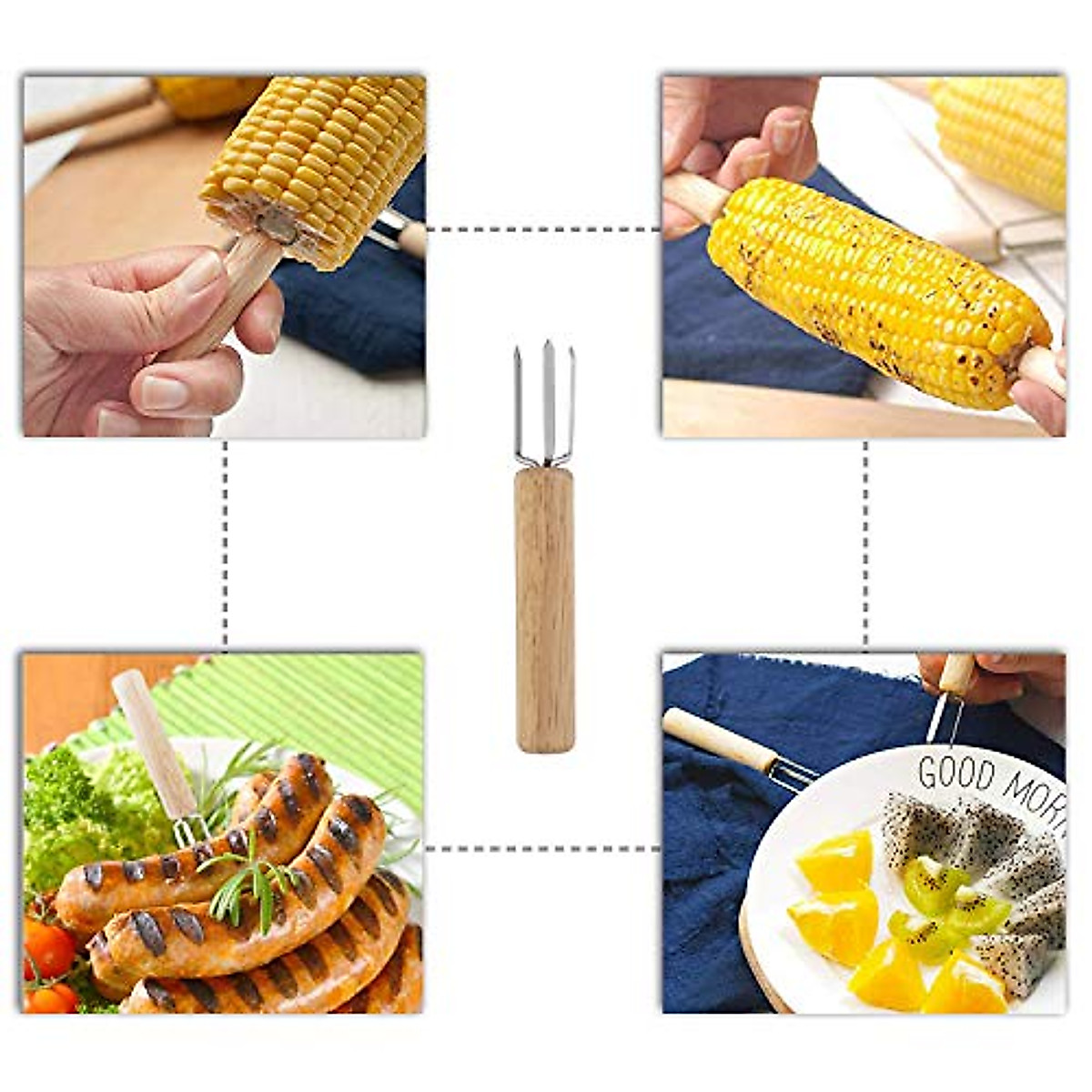 Corn Holders, Corn on the Cobb Holders Stainless Steel with Wooden Oak Handle, Corn on the Cob Holders for Kids and Adults Home Cooking and BBQ, Set of 8 (4 Inch Long Corn Holder)