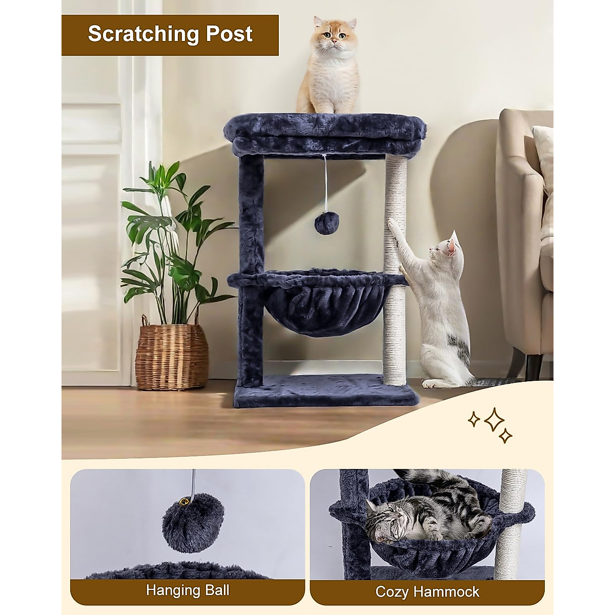 SYANDLVY Small Cat Tree for Indoor Cats, Activity Cat Tower with Scratching Post for Kittens, Cat Condo & Furniture with Basket & Hanging Ball for Play Rest