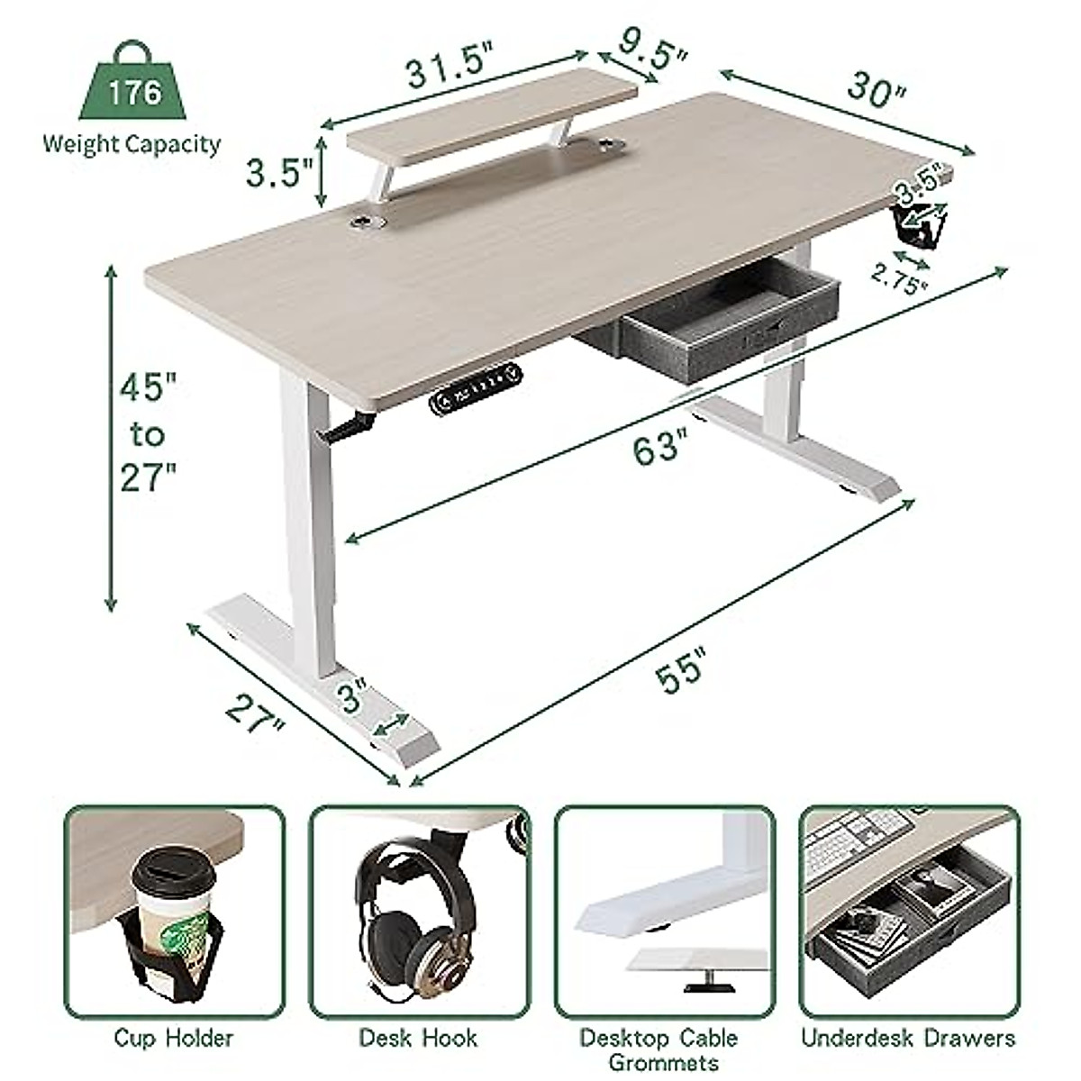 BUNOEM Height Adjustable Electric Standing Desk with One Drawer, Table with Storage Shelf, Sit & Stand Home Office Desk with Storage Space (Oak, 63x30)