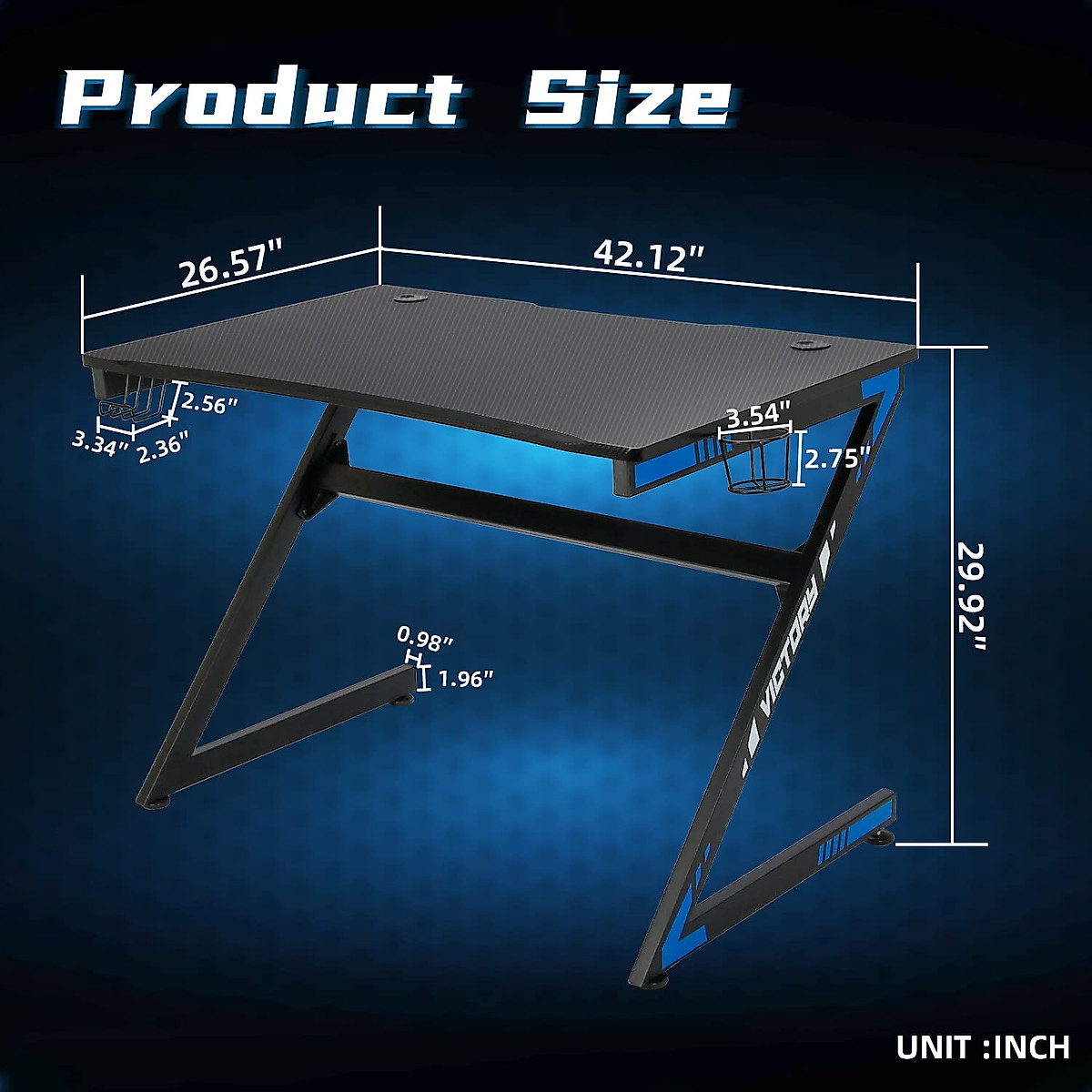 Cirstore Gaming Desk 39 Inch Computer Desk Gaming Table Z Shaped Pc Gaming Workstation Home Office Desk with Headphone, Gaming Controller Rrack,Black and Blue