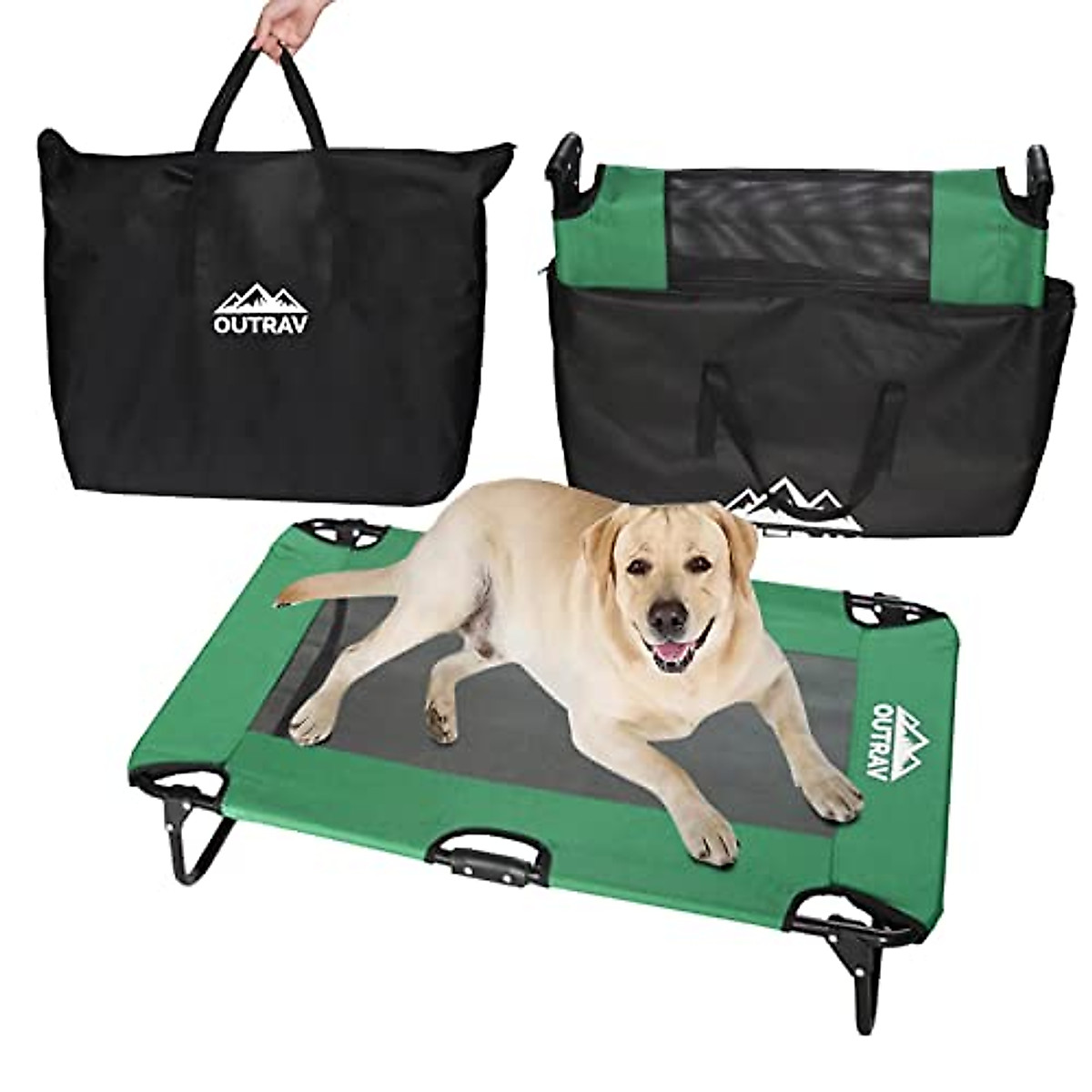 Outrav Elevated Dog Cot with Steel Frame - Foldable Raised Play and Rest Bed for Dogs and Cats - Heavy Duty Strong Material - Pet Cot with Bonus Storage Bag (Small 30” x 20” x 7”, Green)