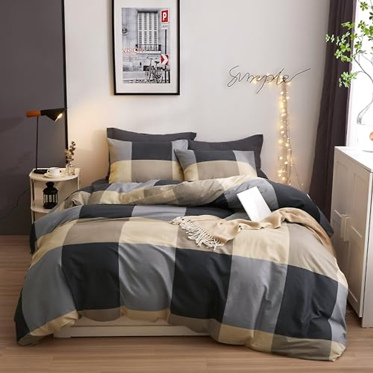 VClife Cotton Duvet Cover Queen, Modern Beige Black Grey Grid Printed Bedding Sets, 3 PCS Simple Queen Size Geometric Duvet Cover for All Season, Zipper Closure & Corner Ties, Easy Care, Breathable
