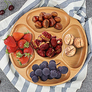 Cabilock Wedding Decor Divided Wooden Plate Round Dessert Dish Appetizer Serving Tray Compartment Food Storage Organizer Charcuterie for Chips and Dip Veggies Candy Snacks Wedding Decorations