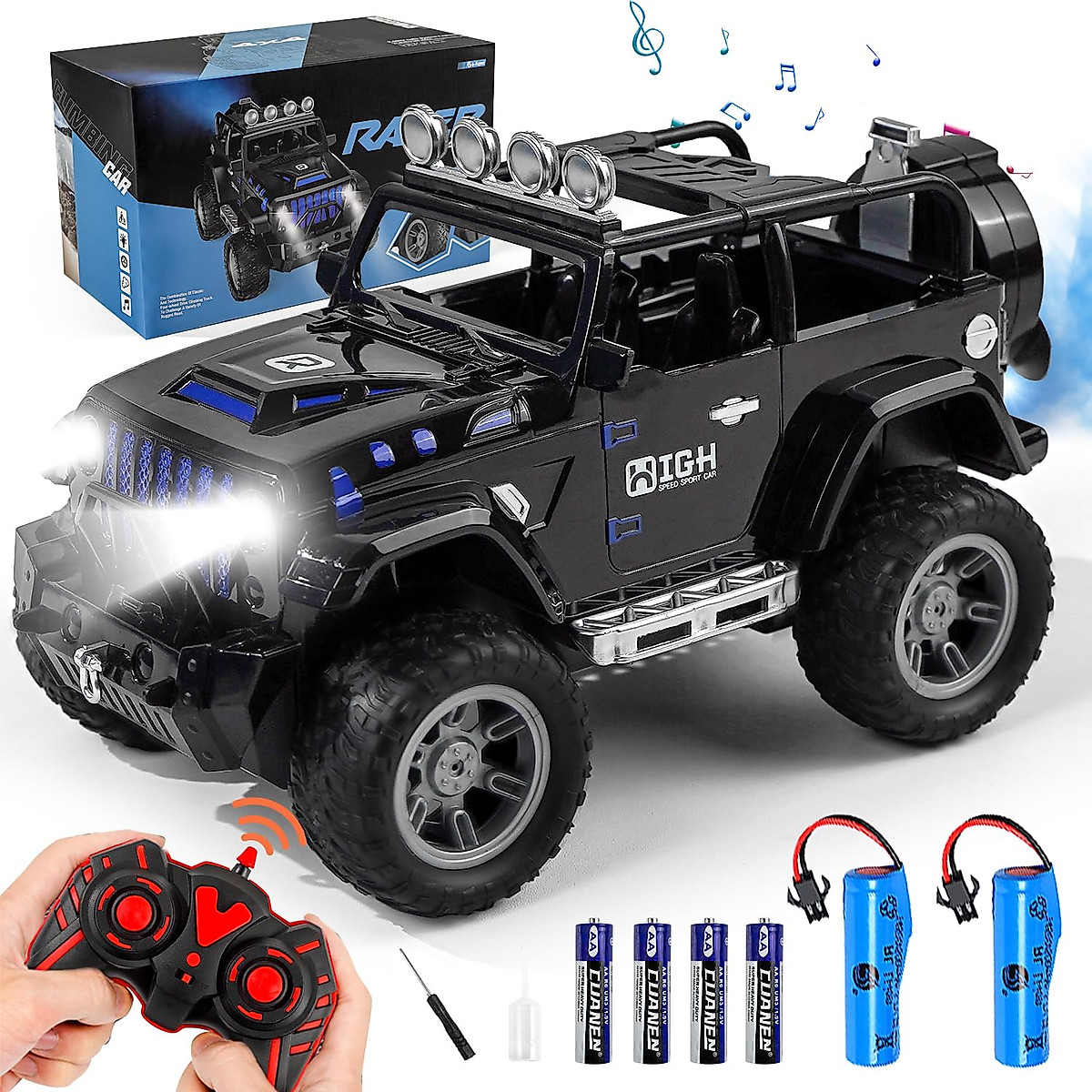 FUUY Remote Control Jeep Car for Boys with Spray & Music, RC Jeep Car Toys with Spade & 2 Batteries for 50Min Play, RC Cars for Kids Gifts Age 6+