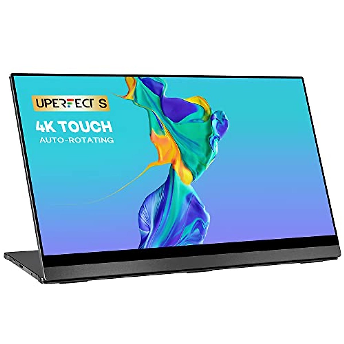 UPERFECT 4K Portable Monitor Touchscreen, S Gravity Sensor Automatic Rotate 15.6'' Slimmest 100% Adobe RGB 10-Point Touch UHD 2 USB C Monitor Bracket Integrated & Frameless Bezel Glass Laptop Display