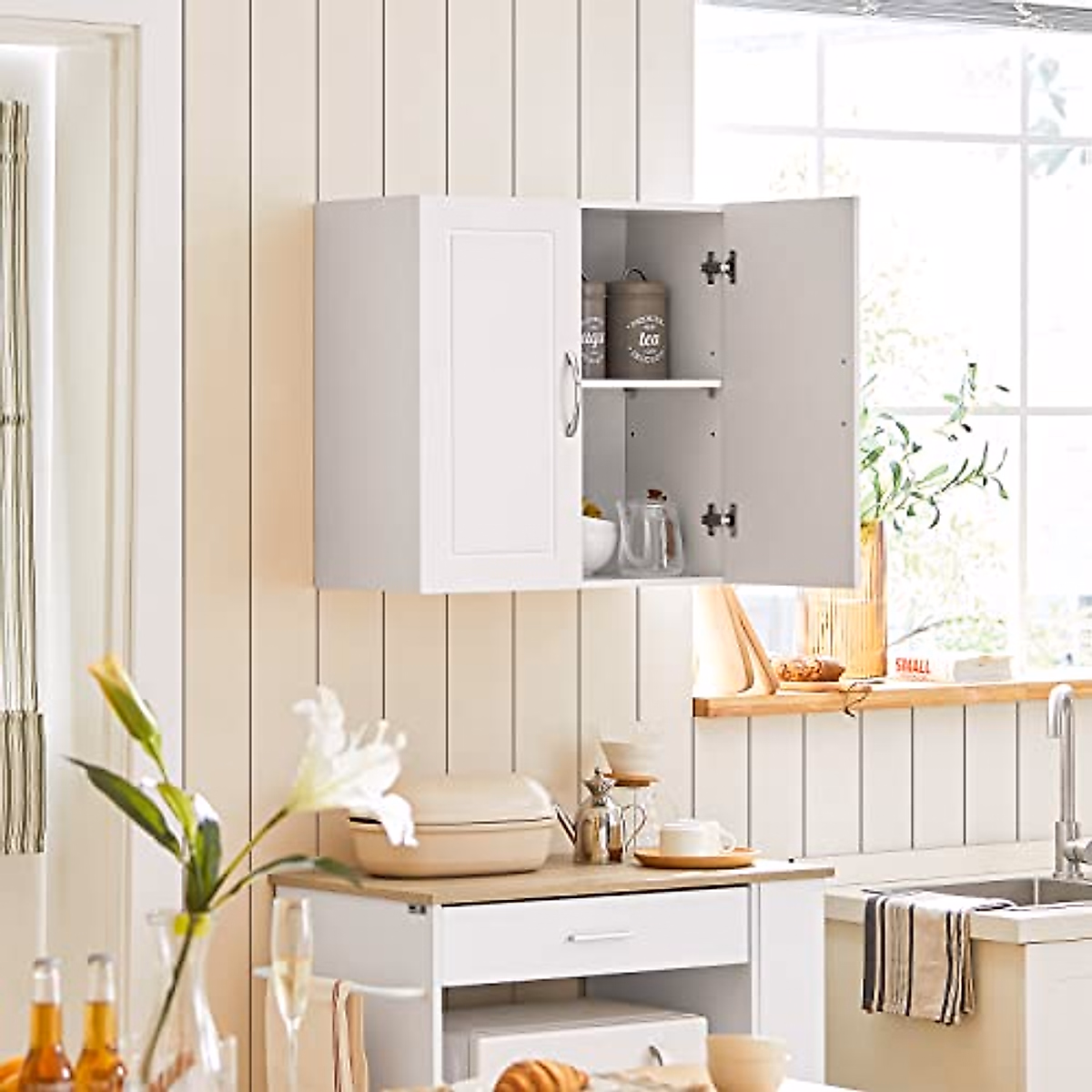 Haotian FRG231-W, White Kitchen Bathroom Wall Cabinet, Garage or Laundry Room Wall Storage Cabinet, White Stipple, Linen Tower Bath Cabinet, Cabinet with Shelf