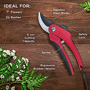 Nevlers 8" Bypass Pruning Shears for Gardening | Garden Shears with Stainless Steel Blades & 8mm Cutting Capacity| Professional Garden Scissors | Heavy Duty Gardening Hand Tools | Red Gardening Shears