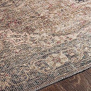 Greenpoint Machine Washable Area Rug - Oriental Persian Traditional Medallion - Bohemian Vintage Distressed Carpet - Brown, Beige - 6'7"x9'