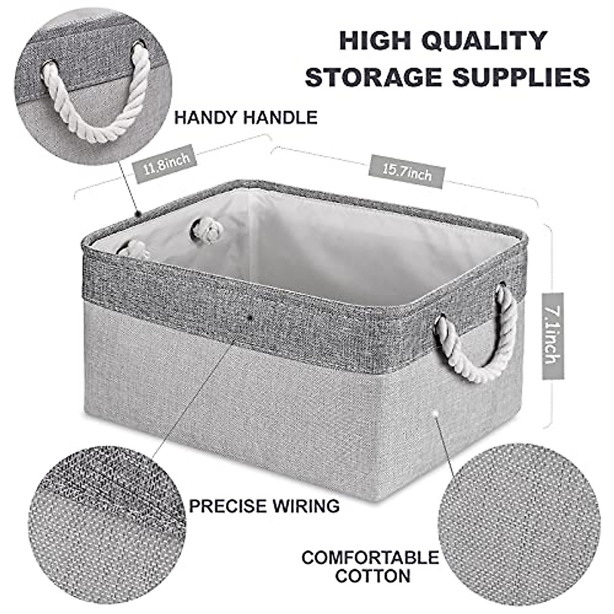 Large Canvas Grey basket, Foldable Fabric Storage Basket, Decorative Linen Closet Organizers, Storage Bins with Handles for Cupboards, Wardrobe, Shelves, Bathroom, Clothes, Toys, Towel (Light Grey/ Grey 1 pack)