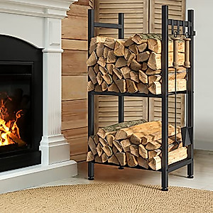 NANANARDOSO Firewood Rack Holder, Fire Wood Log Storage Stand with Kindling Holder for Indoor Fireplace, Outdoor Patio Fire Pit Stove, Fireplace Tools, Fire Wood Racks with 4 Hanging Hooks