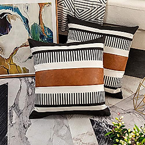 Vfuty Pack of 2 Farmhouse Throw Pillow Covers for Couch Sofa Decorative Faux Leather Square Cushion Cover Tribal Stripe Accent Pillow Case 18 x 18 Inch,Black