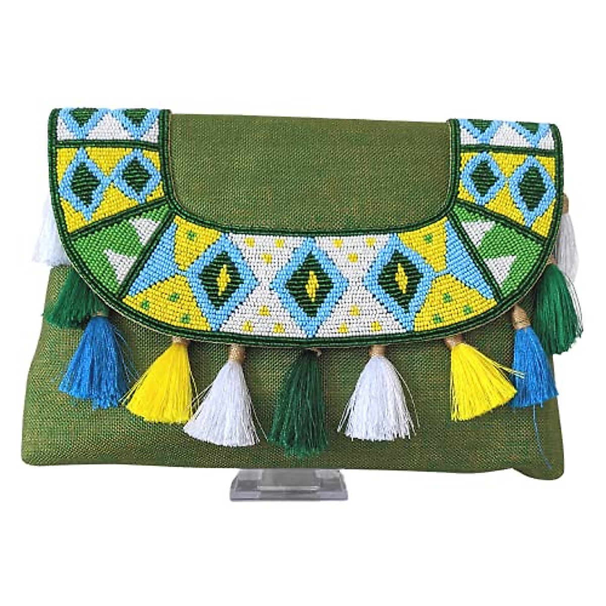 Women Boho Envelope Purse, Evening Bag, Shoulder Bag, Cross-body Bag With Handmade Beaded Pattern & Detachable Shoulder Chain (Green)