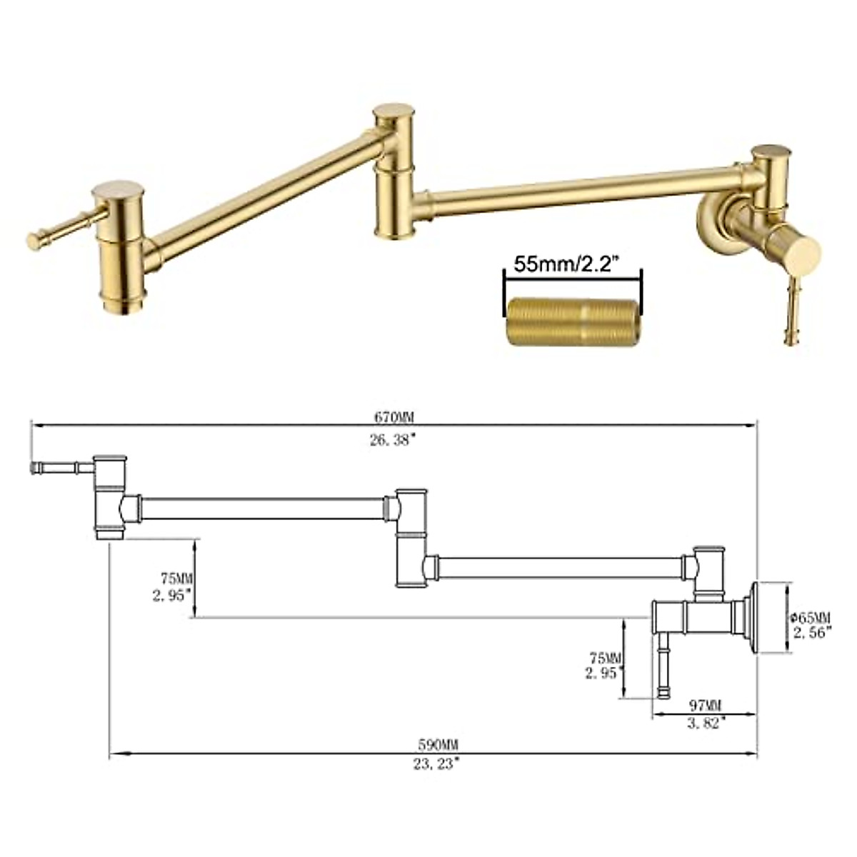 GICASA Pot Filler Faucet Wall Mounted, Double Joint Swing Arm Single Hole Pot Filler Faucet Brushed Nickel, Two Handles Brass Folding Stretchable Kitchen Faucet Pot Filler