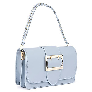 Olivia Miller Women's Fashion Liam Faux PU Leather w Buckle Detail n Front Flap, Blue Small Crossbody Bag w Removable Strap, Evening Everyday Casual Work Purse Handbag