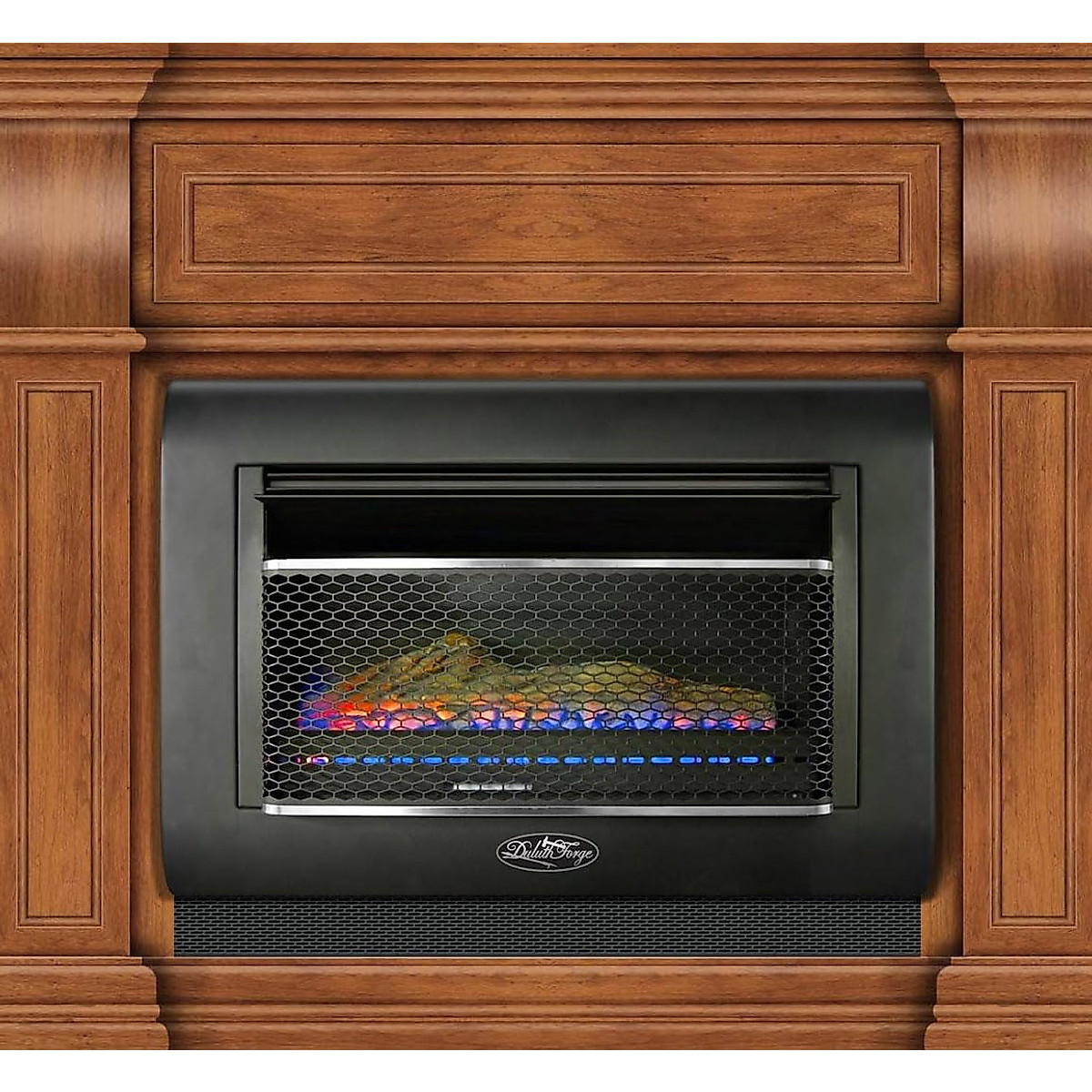 Duluth Forge Dual Fuel Ventless Gas Fireplace System with Mantle, Thermostat Control, 1 Fire Logs, Use with Natural Gas or Liquid Propane, 26000 BTU, Heats up to 1400 Sq. Ft., Toasted Almond Finish