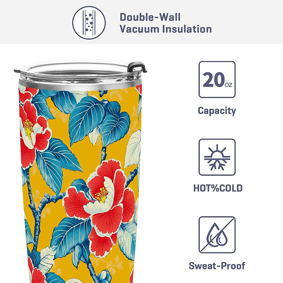 sanluoli Yellow Red Flowers Big Stainless Steel travel cups Leak-proof Lid and Straw coffee mugs with lids for Home, Office or Car simply vacuum insulated tumbler with lid 20 OZ