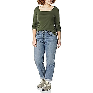 Amazon Essentials Women's Slim-Fit Long Sleeve Square Neck T-Shirt, Olive, Medium
