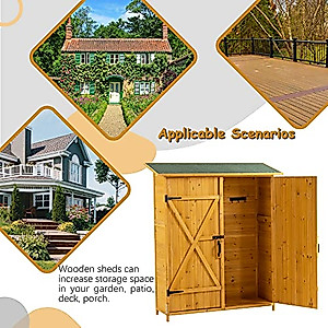 EMKK 64”H Garden Storage Shed,Garden Tool Storage Cabinet,Lockable Wooden Storage Sheds Organizer,Outdoor Lockable Vertical Storage Shed with 3 Shelves Organizer for Garden, Backyard, Patio and Lawn