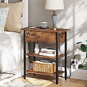 HOOBRO Set of 2 End Tables, Side Table with Charging Station, Flip Top Nightstand with USB Ports and Outlets, Bedside Tables with Shelf for Small Spaces, Living Room, Bedroom, Rustic Brown BF341BZP201