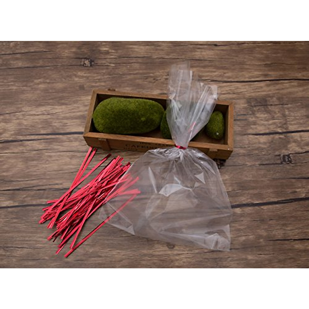 Mini Skater 5 x 7 Inch Clear Flat OPP Cello Cellophane Treat Bags With 100Pcs Red Twist Ties For Wedding Gift Candy Cookie Bakery Bread Dessert, 100Pcs