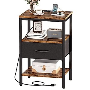 SUPERJARE Nightstand with Charging Station, Bed Side Table with Adjustable Fabric Drawer, Night Stand for Bedroom, 3-Tier Storage End Table, for Living Room - Rustic Brown