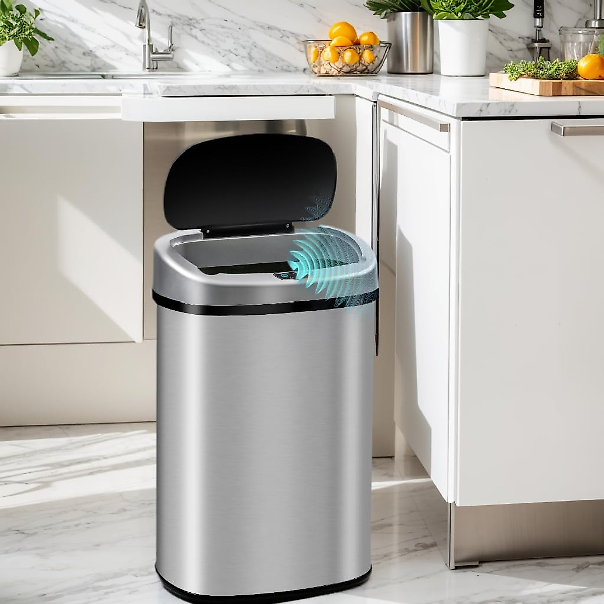 50 Liter/13 Gallon Kitchen Trash Can with Lid, Automatic Trash Can Stainless Steel Garbage Can with Mute Designed, Touchless Trash Can Motion Sensor Trash Can for Kitchen Bedroom Office Bathroom