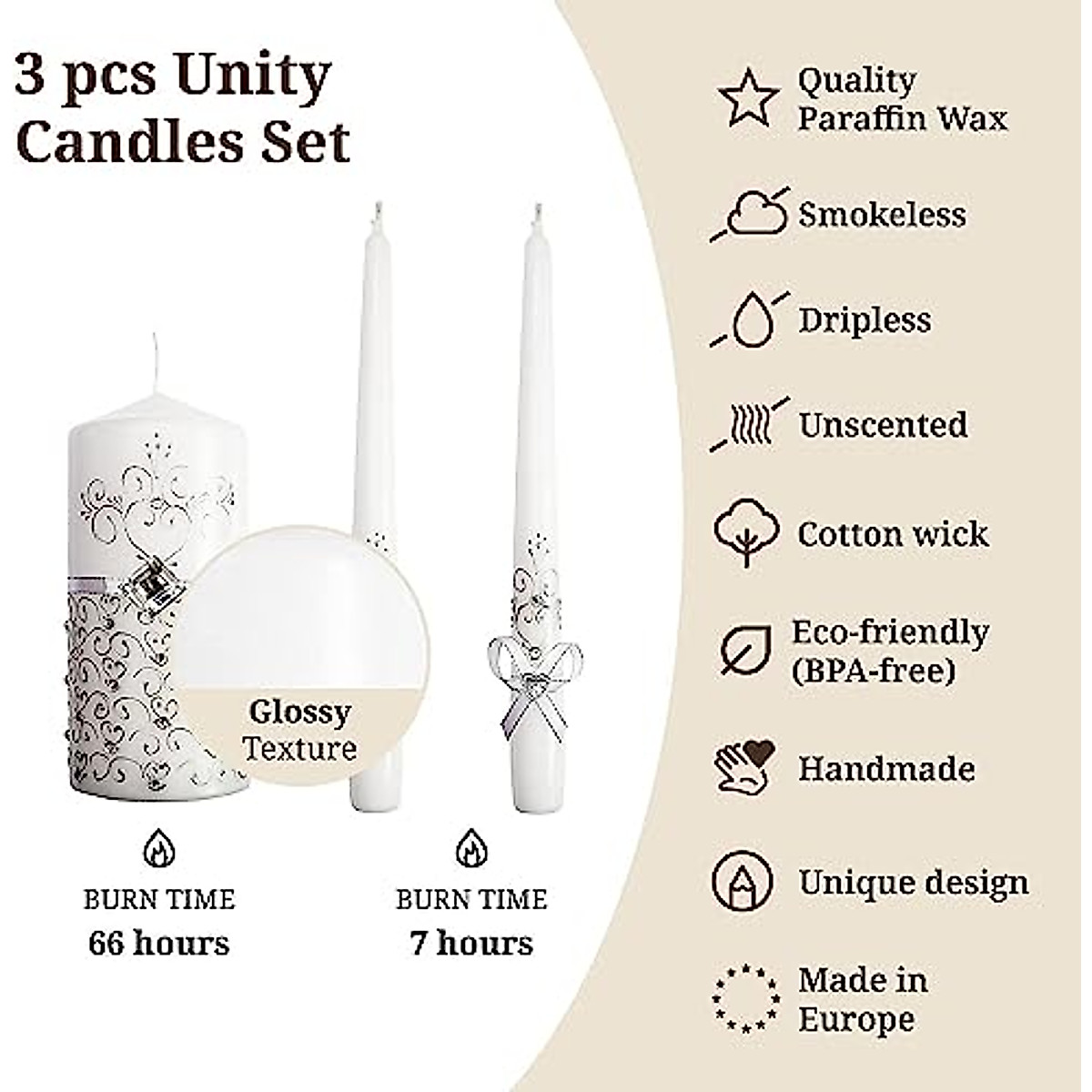Unity Candles for Wedding Ceremony Set - 3 Pcs 6" Pillar & 2 10" Tapers Candles - Unity Decorative Wedding Candle White Ceremonial Candles - Velas Decorativas para Boda - Wedding Table Centerpiece