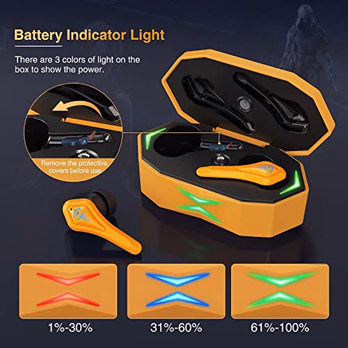 Gaming Wireless Earbuds, QTREE Bluetooth 5.2 in-Ear Game Earphones 50ms Low Latency IPX5 Noise Cancelling Mic, 36H Play time Headphones, Gaming/Deep Bass Music Mode for iPhone and Android(Yellow)
