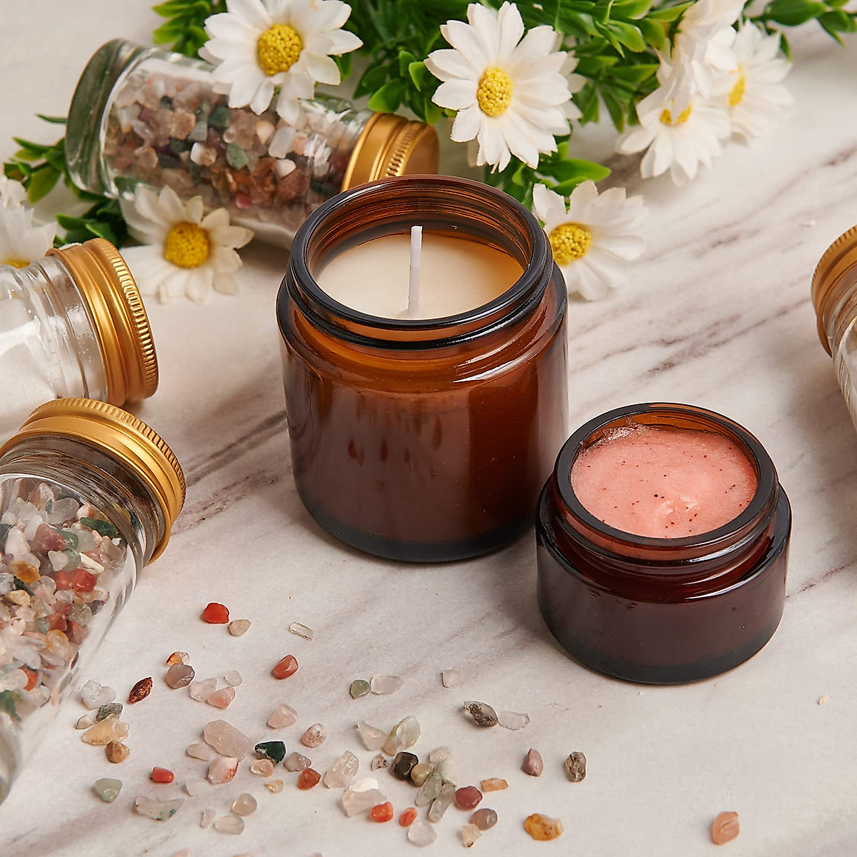 1oz Glass Jar with Lid, Hoa Kinh 30Pack Amber Round Containers Cosmetic Glass Jars with Inner Liners and Black Lids Travel Jars for Storing Lip and Body Scrub, Lotion, Body Butter, Bath Salts, Liquid
