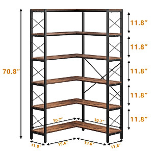 Jartoil Corner Bookshelf 6-Tier, Tall Book Shelf L-Shaped, Large Etagere Bookcase Industrial Style with Metal Frame for Home Office Shelves