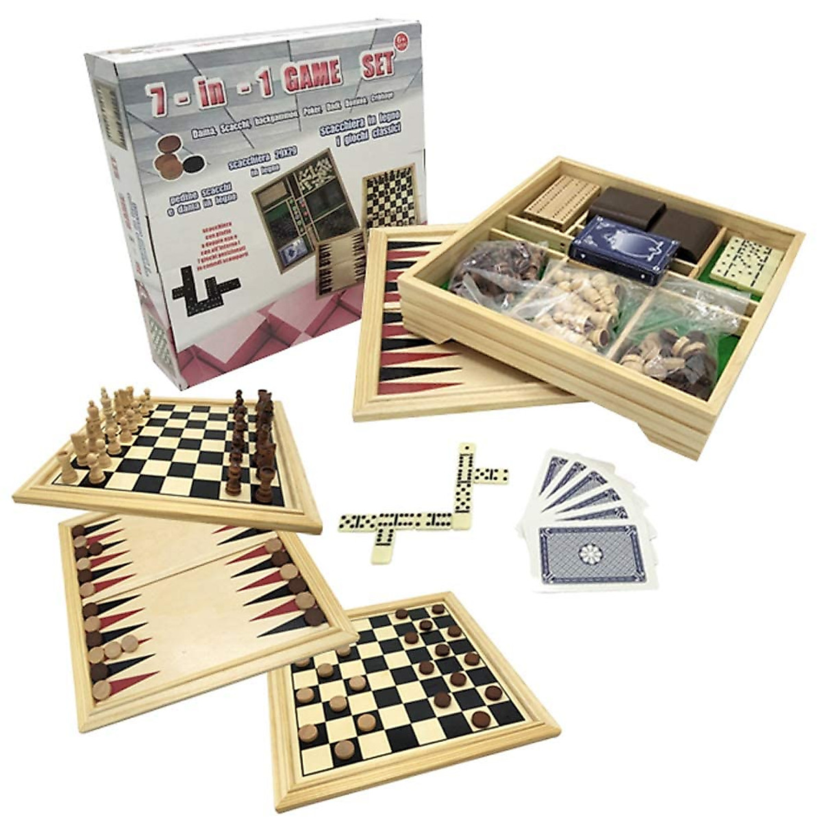 KAILE Deluxe 11.8 Inch 7 in 1 Board Game Set - Chess Set, Checkers, Backgammon, Dominoes, Playing Cards, Poker Dices and Cribbage
