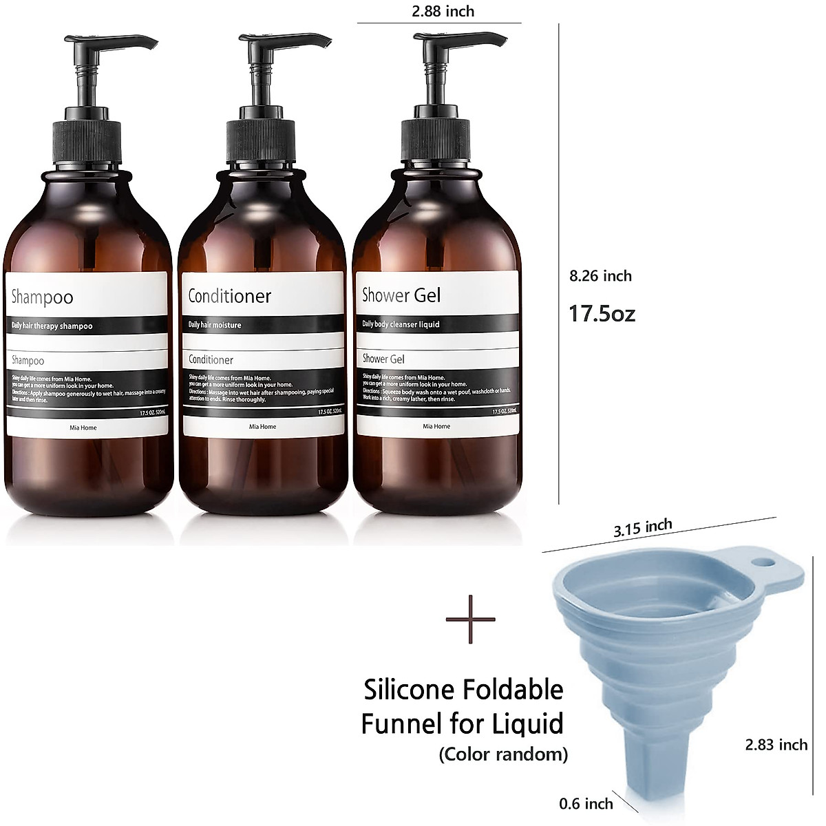 Mia home - 17.5 oz Refillable Empty Amber PET Plastic Bottle Set - 3 Bottles only with Labels, Shampoo & Conditioner & Shower Gel, Silcone Funnel
