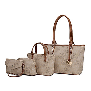 MKF Collection Tote Bag for Women, Shoulder Handbag & Wristlet Pouch Purse Top Handle Vegan Leather 4Pcs Set Pocketbook Alexy Beige by Mia k